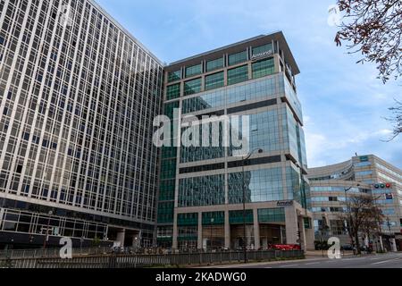 Exterior view of the headquarters building of the Amundi group, a ...