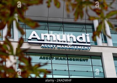 Sign on the headquarters building of the Amundi group, a French asset ...