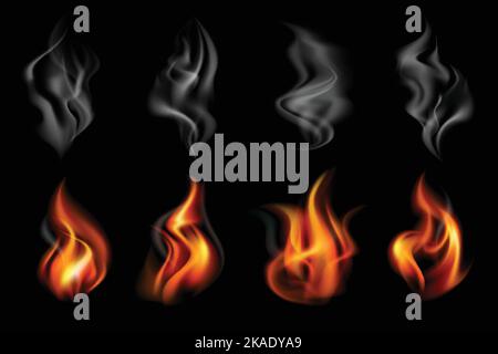 Realistic fire smoke colored icon set with gray and red isolated fires ...