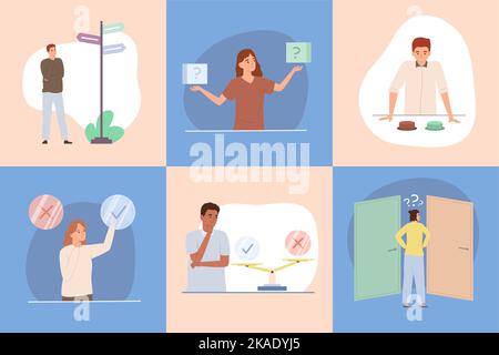 Making decisions icons set flat vector. Bias test decide. Identity ...