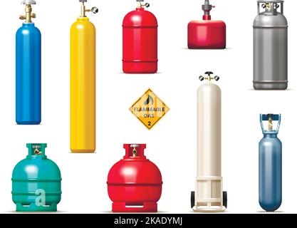 Gas cylinders and tanks realistic set with helium and oxygen symbols ...