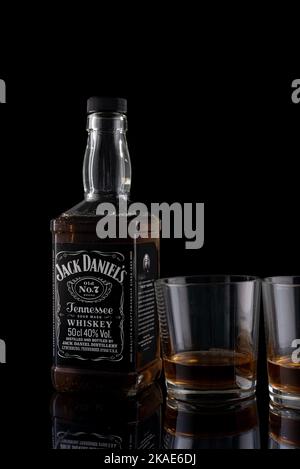 October 2022. Ukraine. Krivoy Rog. Bottle of whiskey Jack Daniels on a ...
