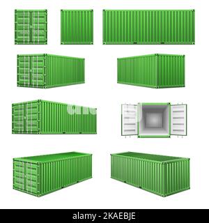 Realistic green cargo container set with views from different sides against white background ...
