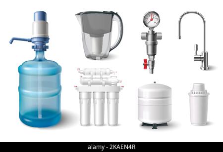 Water filter realistic set with pitcher and faucet isolated vector ...