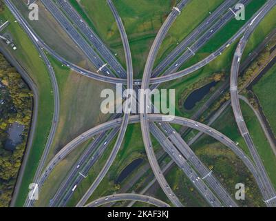 Aerial view of transit roundabout intersection near Utrecht in Dutch ...