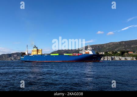 Ro-ro vessel Bore Bay at sea, arriving in the port of Bergen, Norway ...
