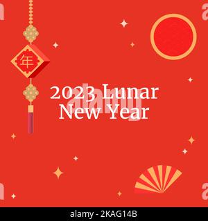 Composition of lunar new year text over decorations on red background ...