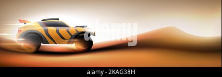 Yellow rally sports car bashing and jumping in desert on panoramic ...