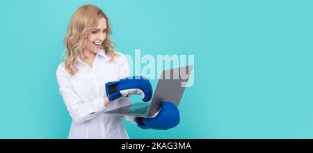 ceo watching championship. woman boss punch laptop in boxing gloves ...