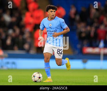 Rico Lewis #82 of Manchester City has a shot on goal during the Carabao ...