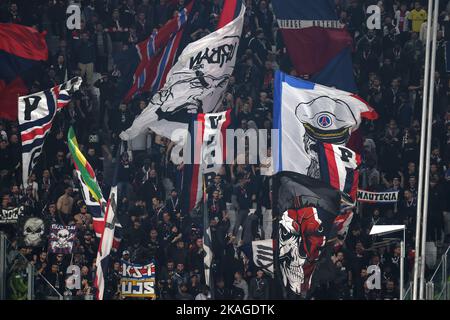 PSG fans wave flags on the stands ahead of the Champions League final ...