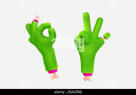 Zombie hand gestures set on transparent background. Green monster ...