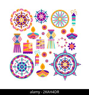 Diwali, Hindu festival of lights - Set of colorful icons. Deepavali ...