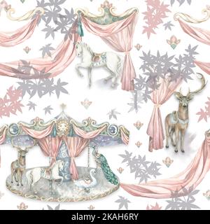 Animal carousel. Pattern Painted by hand in watercolor. Used in modern ...