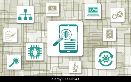 Concept of software testing with icons on squares Stock Photo - Alamy