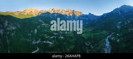 Aerial view of Valbona valley, Theth national park, Albanian Alps ...
