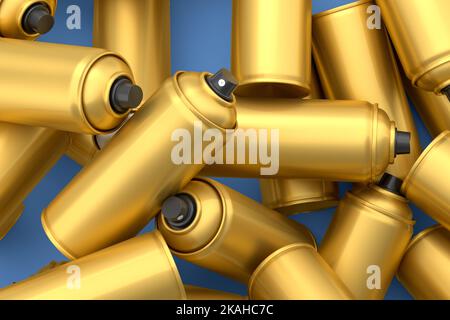 Lots of flying gold spray paint cans on blue background. 3d render ...