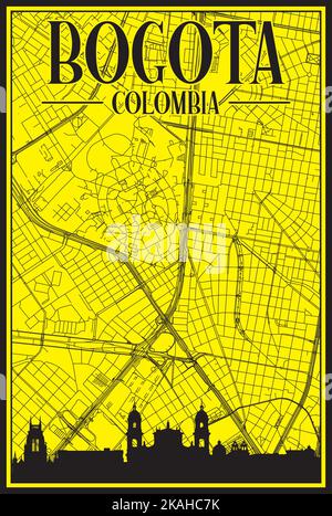 Yellow vintage hand-drawn printout streets network map of the downtown ...