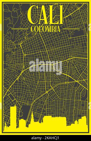 Yellow vintage hand-drawn printout streets network map of the downtown ...