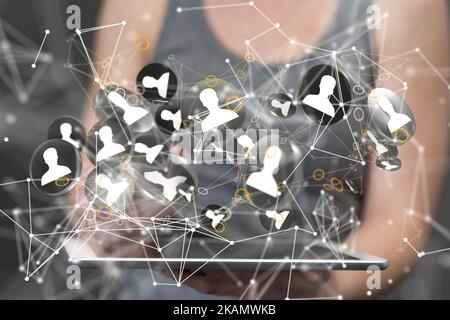 A 3D rendering of human communication blockchain floating above a ...