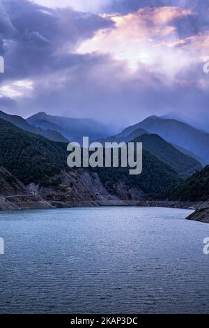 A vertical of both sides of the Yalong River in Jiulong County, Sichuan ...