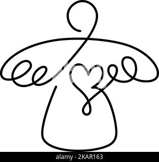 Simple vector Christmas angel with heart, continuous one line drawing ...