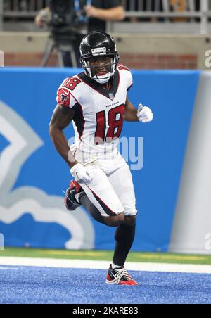 Atlanta Falcons wide receiver Taylor Gabriel (18) leaps over Detroit ...
