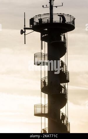 Wien, Vienna: people on observation tower Jubiläumswarte, backlit shot ...