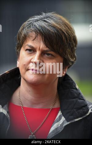 DUP leader Arlene Foster speaks to the media as she leaves the Cabinet ...
