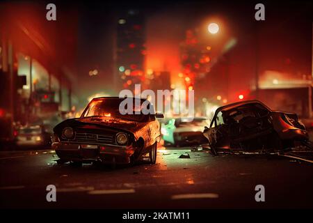 Damaged and smashed car wrecks in an urban car incident in Paris city ...