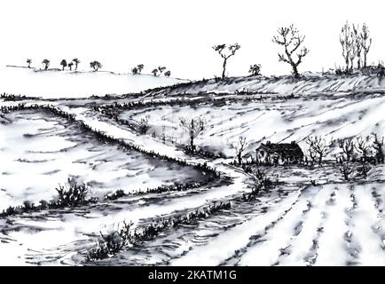Landscape with trees and meadows. Ink on paper Stock Photo - Alamy