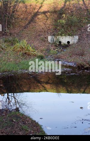 Two concrete pipes culvert and ditch-water in pool among green grass on ...