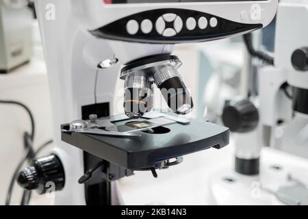 Professional microscope at technology exhibition, trade show Stock ...