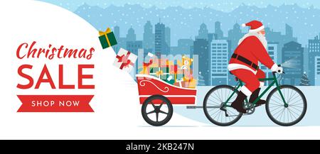 Santa Claus riding a bicycle with trailer and delivering Christmas ...