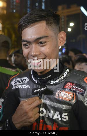 Malaysian Moto3 rider Adam Norrodin of SIC Racing Team poses with his ...