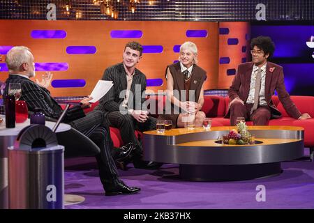EDITORIAL USE ONLY Emma Corrin during the filming for the Graham Norton ...