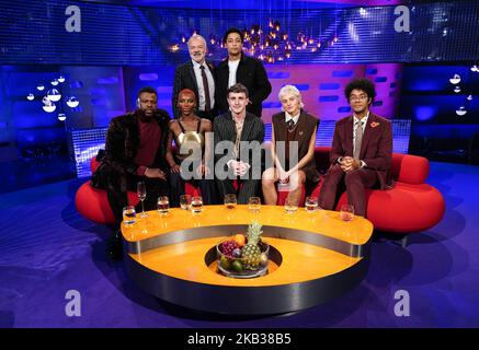 EDITORIAL USE ONLY Emma Corrin during the filming for the Graham Norton ...