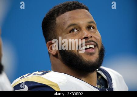Los Angeles Rams defensive tackle Aaron Donald (99) looks on between ...