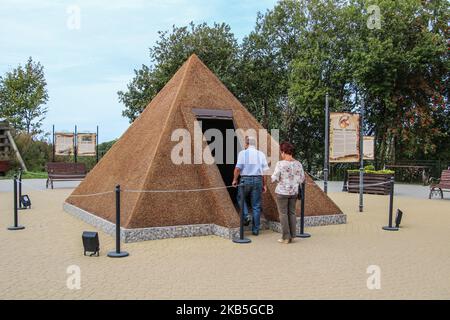 Amber pyramid on the amber open pit mine observation deck area, on the ...