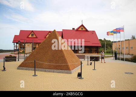 Amber pyramid on the amber open pit mine observation deck area, on the ...