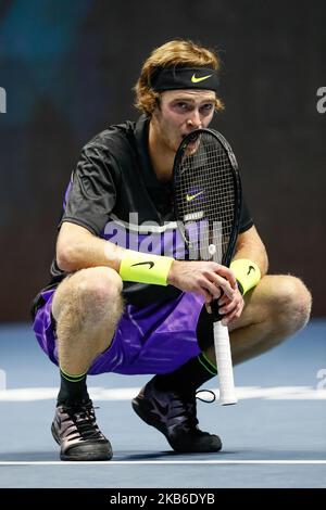 Andrey Rublev of Russia reacts during his first round match against ...