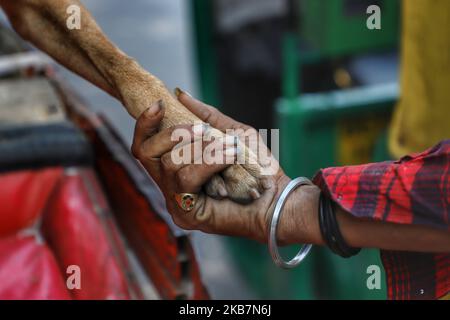 A rickshaw puller playing with his dog in the old Quarters of Delhi ...