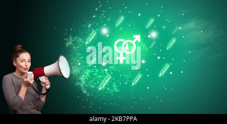 Young person with megaphone and healthcare icon Stock Photo - Alamy