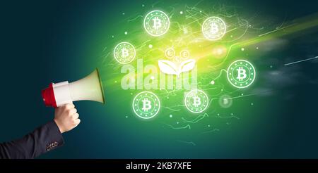 Young person with megaphone and currency icon Stock Photo - Alamy