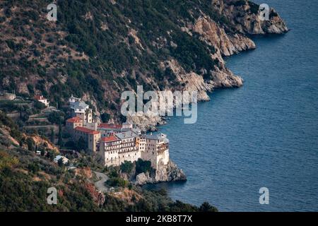 A scenic view of Osiou Gregoriou Monastery, Mount Athos, Greece Stock ...