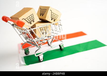 Box with shopping cart logo and Hungary flag, Import Export Shopping ...