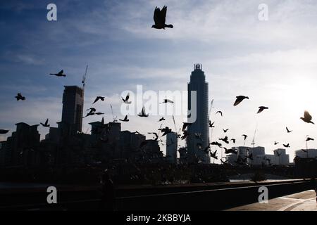 The cylindrical form of the St George Wharf Tower, seen through fencing ...