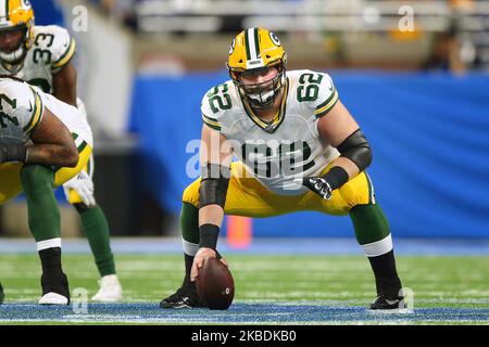 Green Bay Packers guard Lucas Patrick (62) warms up on the field before ...