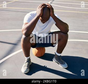 Tired, depression or sad basketball player with training gear after ...