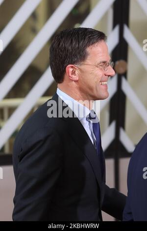 Dutch PM Mark Rutte is seen talking to journalists in Brussels, Belgium ...